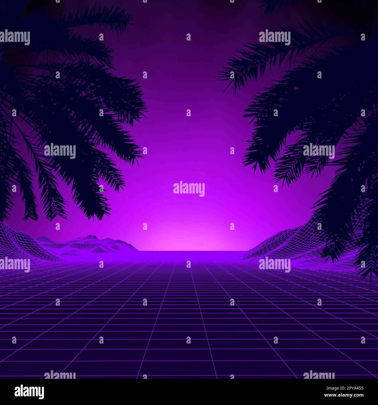 3d sunset on the beach. Retro palms vector sci fi background. Digital ...