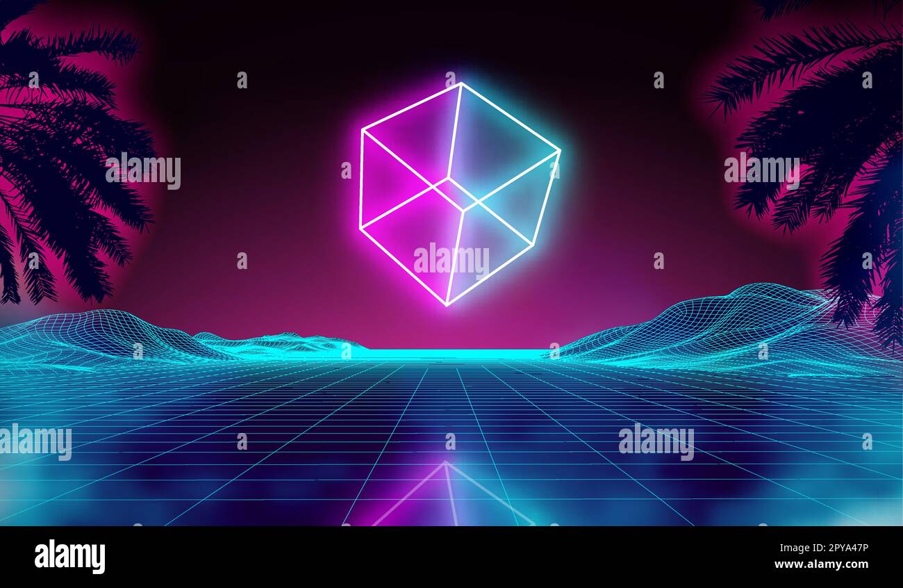 Neon 3d cube on retro background landscape. Glowing cube cosmos poster ...