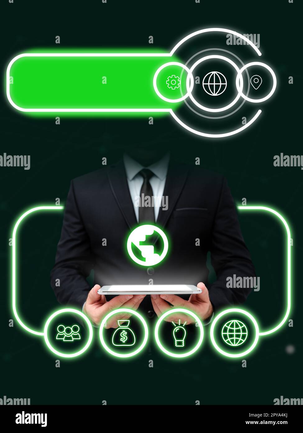 Businessman in black suit standing and holding tablet in two hands ...
