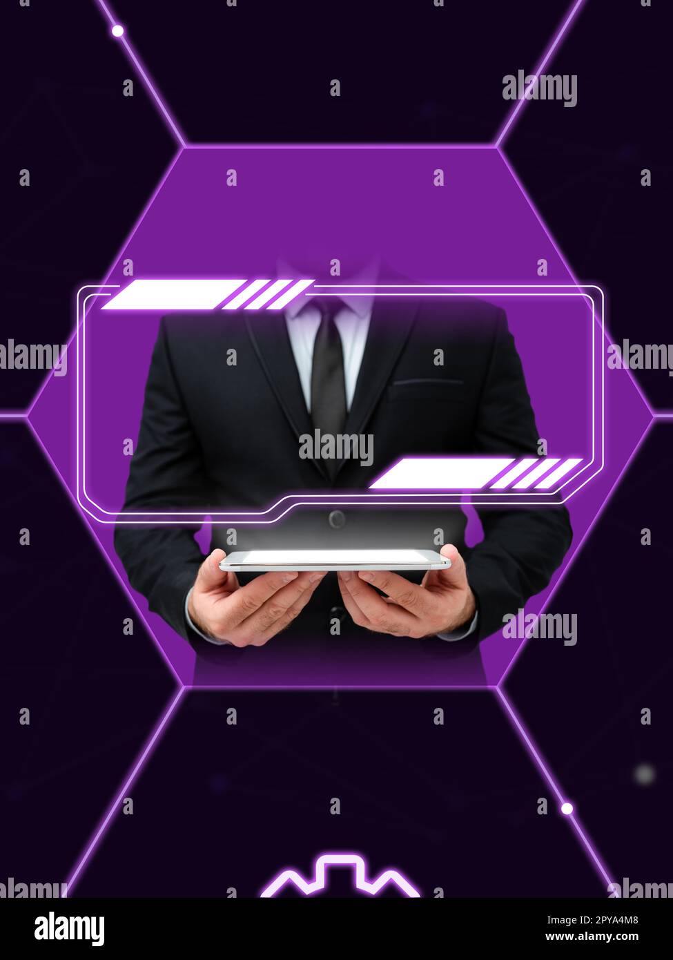 Businessman in black suit standing and holding tablet in two hands ...