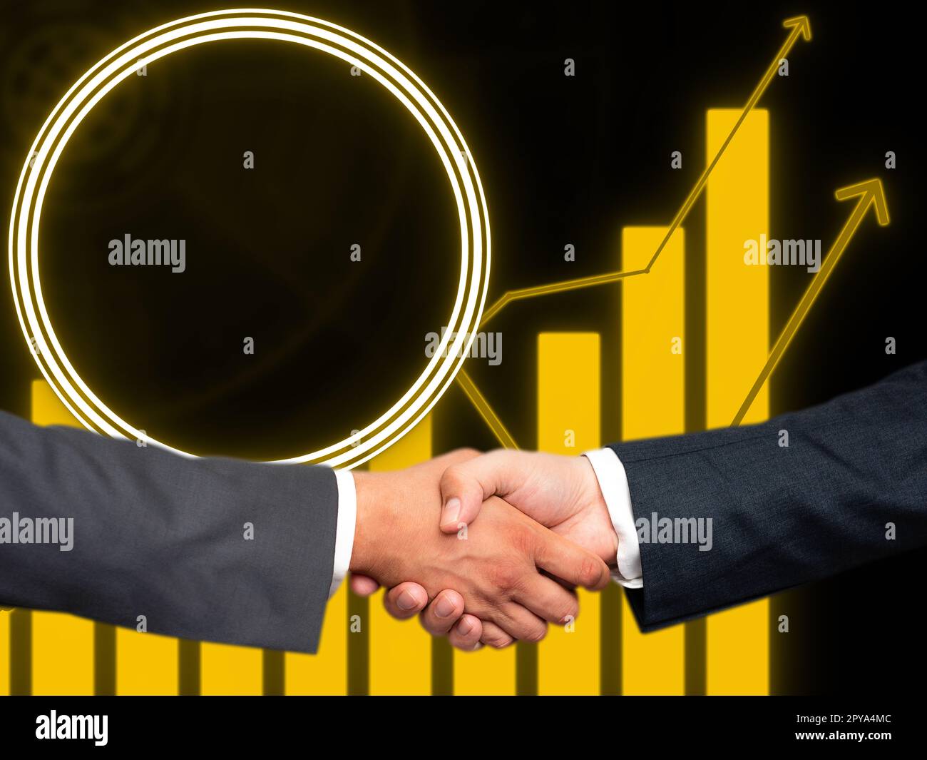 Two men in suits shaking hands in front futuristic style background ...