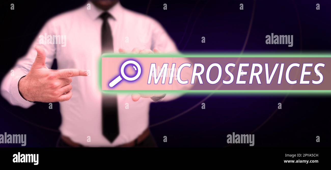 Text sign showing Microservices. Word Written on Software development technique Building single ...