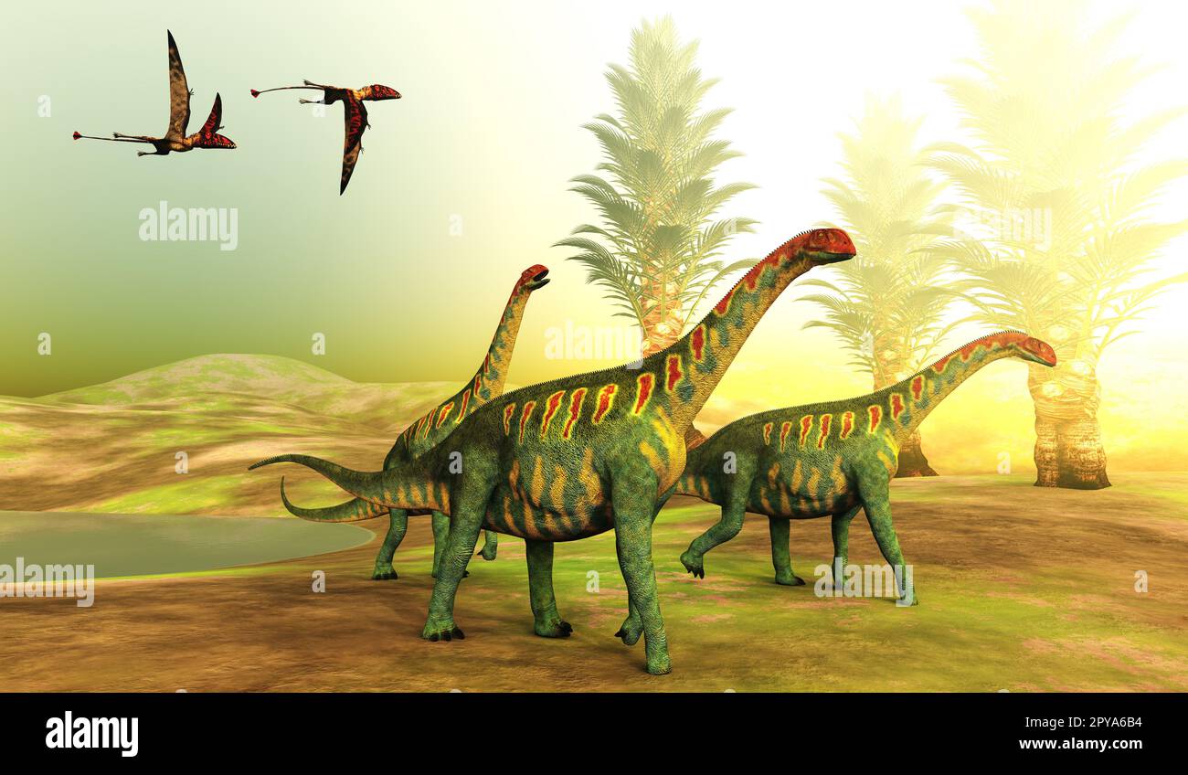Dimorphodon Pterosaurs follow a herd of Jobaria sauropod dinosaurs during the Jurassic Period ...