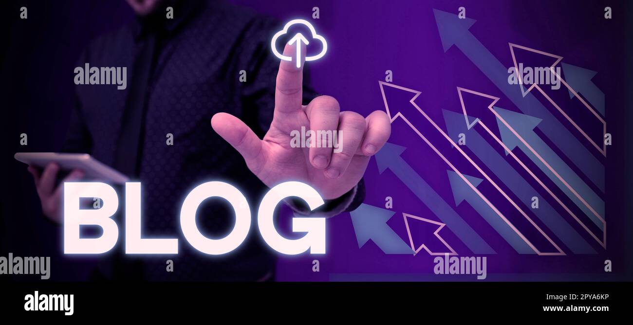 Hand writing sign Blog. Business approach A regularly updated website web page written in ...