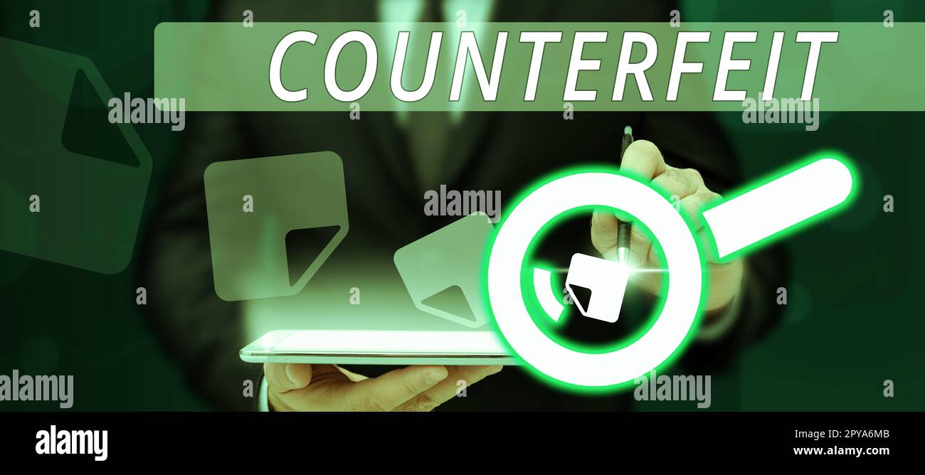 Text sign showing Counterfeit. Word for made in imitation of something ...