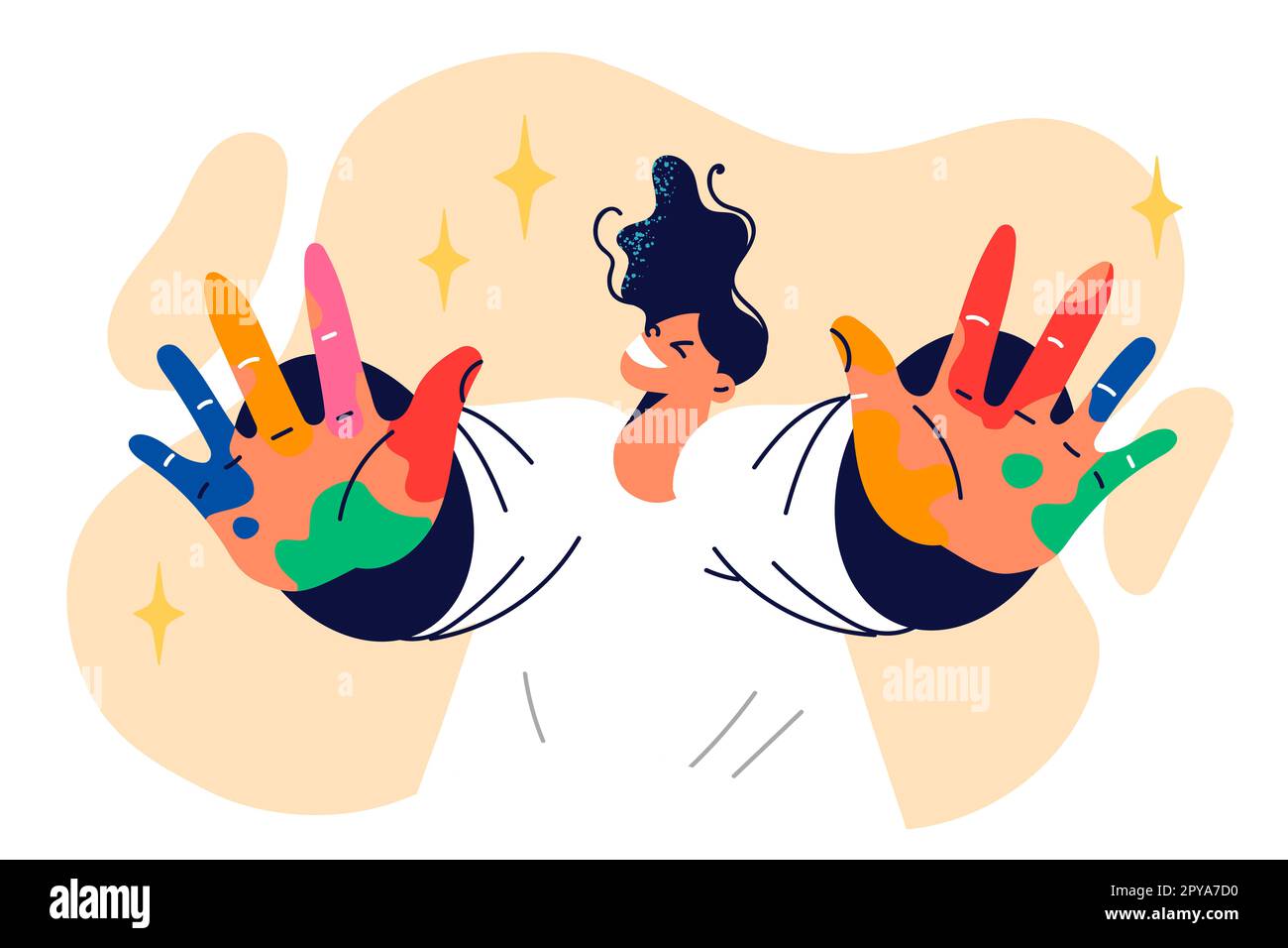 Happy boy artist in adolescence shows palms smeared with multi-colored ...