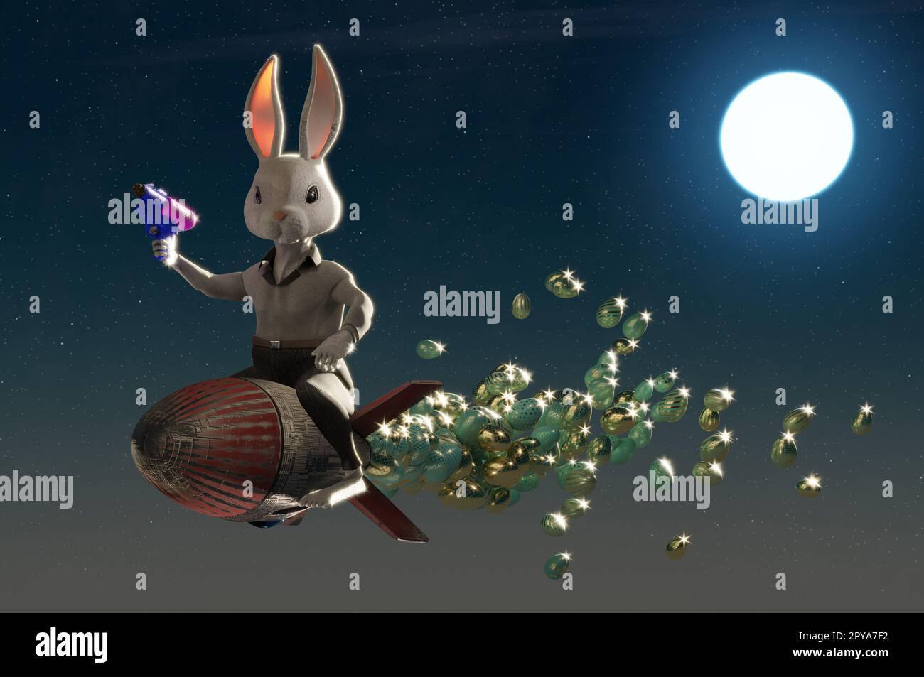 3D Illustration , Bunny Rocket Easter Design. Cute Rabbit flying to sky ...