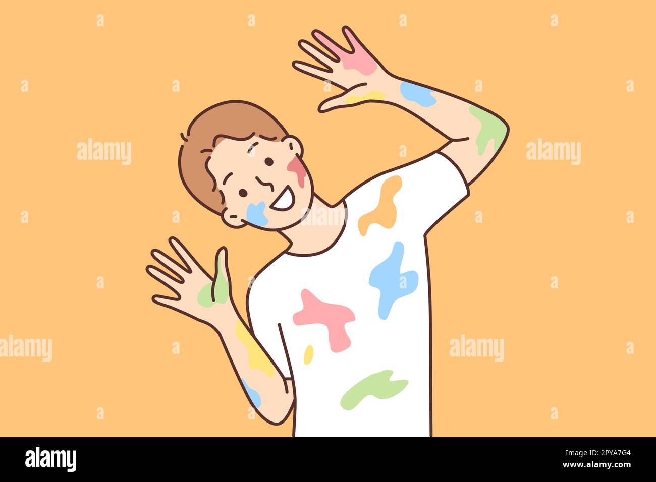 Happy boy with traces of paint on clothes and face after drawing lesson ...