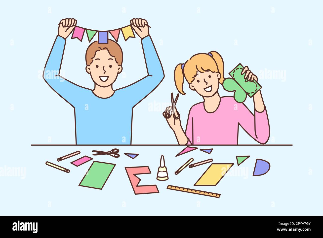 Friendly boy girl in adolescence cut out origami and crafts from ...