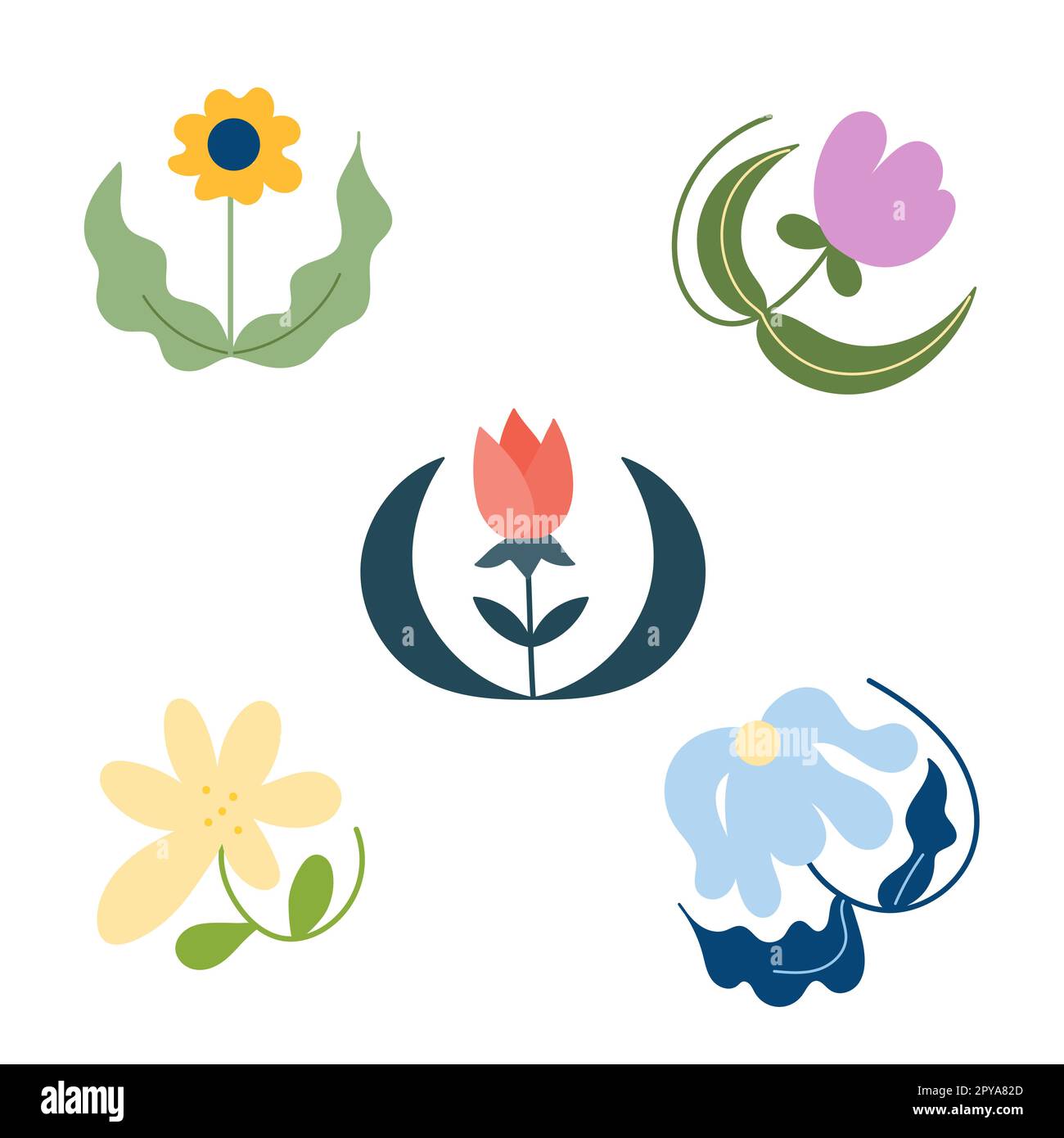 Set: isolated hand drawn flowers with rounded shapes. Vector ...