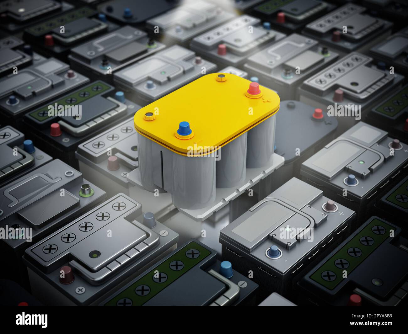 Generic modern car battery stands out among regular car batteries. 3D ...