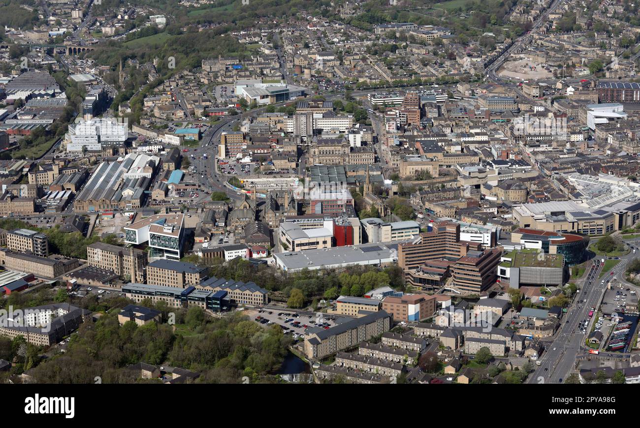 aerial view of Huddersfield town centre from the South and including ...