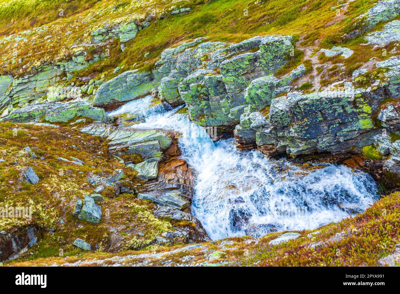 Gorge rocks cliff and waterfall river Rondane National Park Norway ...