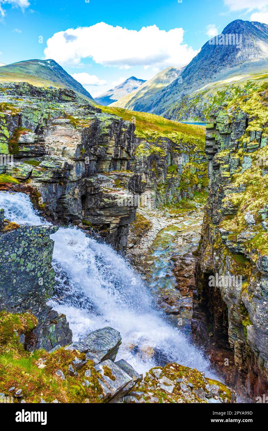 Gorge rocks cliff and waterfall river Rondane National Park Norway ...