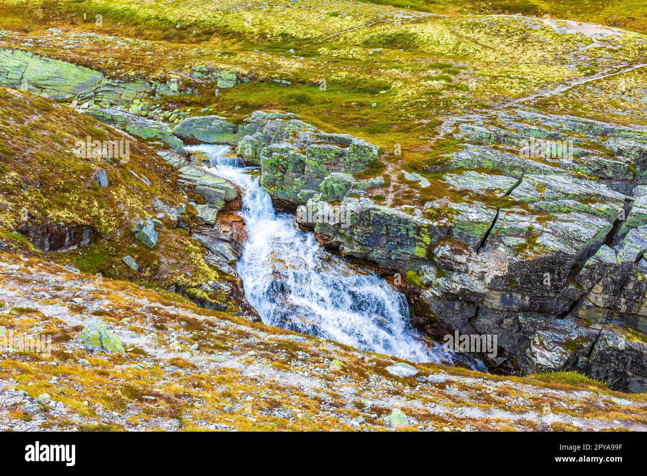 Gorge rocks cliff and waterfall river Rondane National Park Norway ...