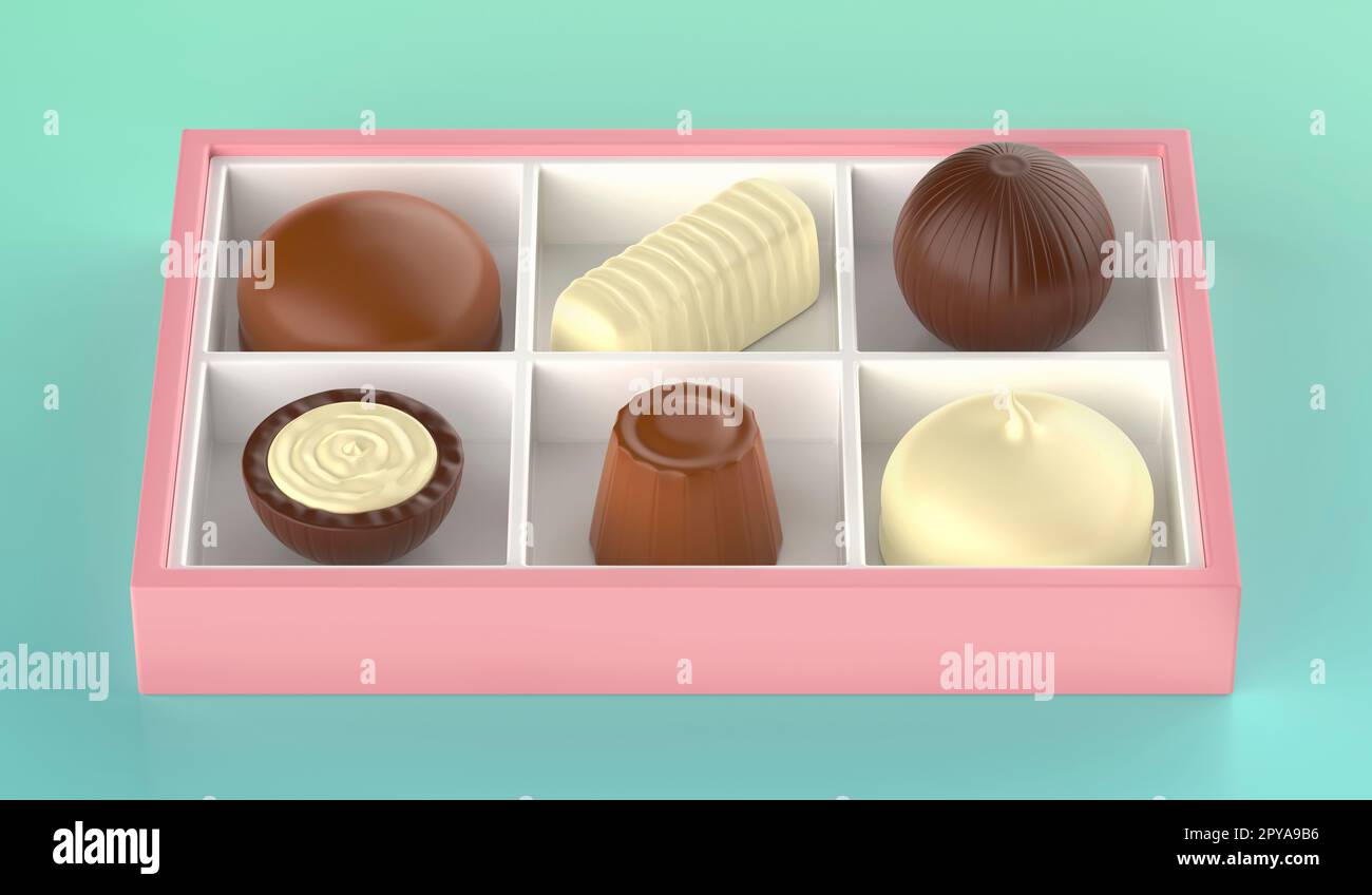 Pink box with assorted chocolate candies Stock Photo - Alamy