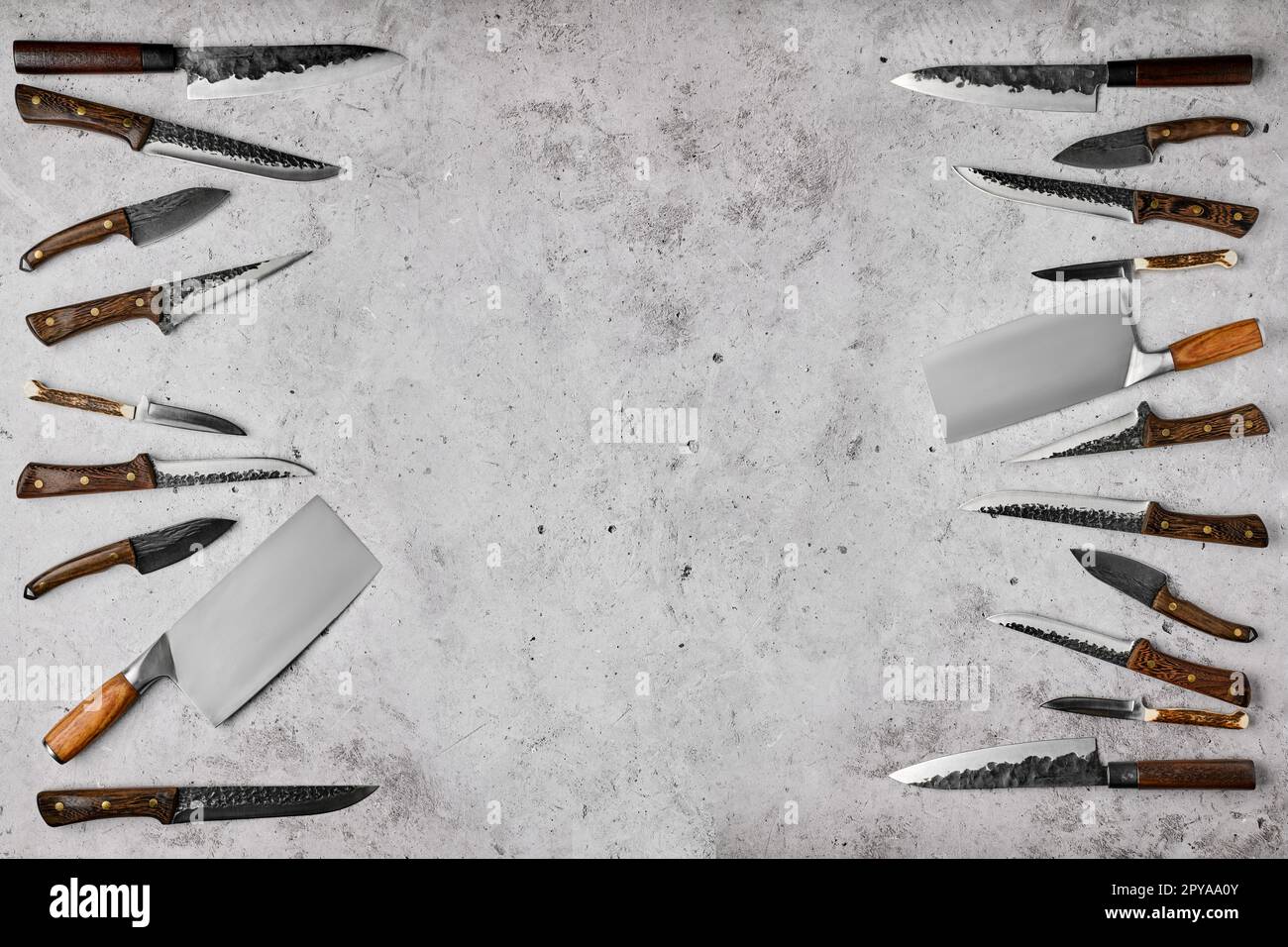 Overhead composition with different kinds of butcher's knives Stock ...