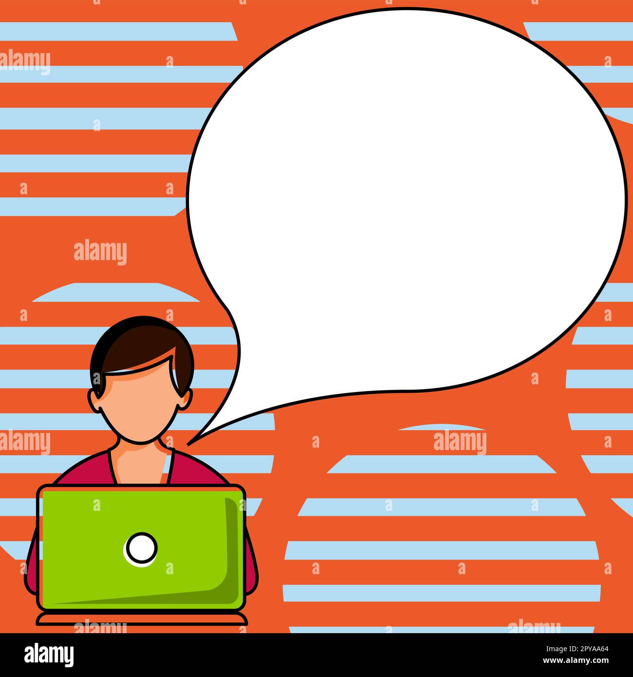 Man sitting at the table with laptop. Big white speech bubble for text ...