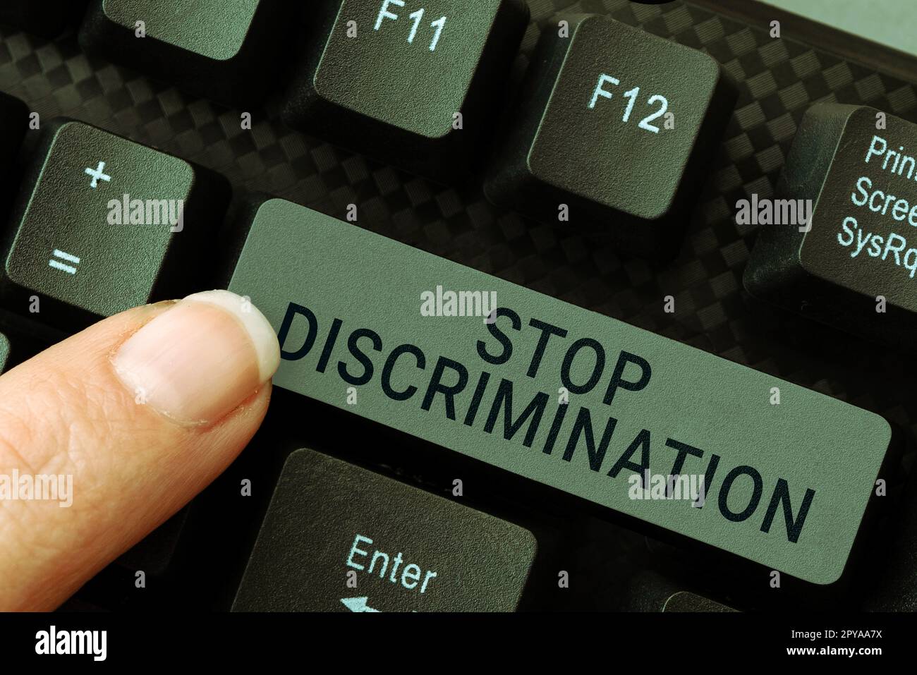 Hand writing sign Stop Discrimination. Word Written on Prevent Illegal ...