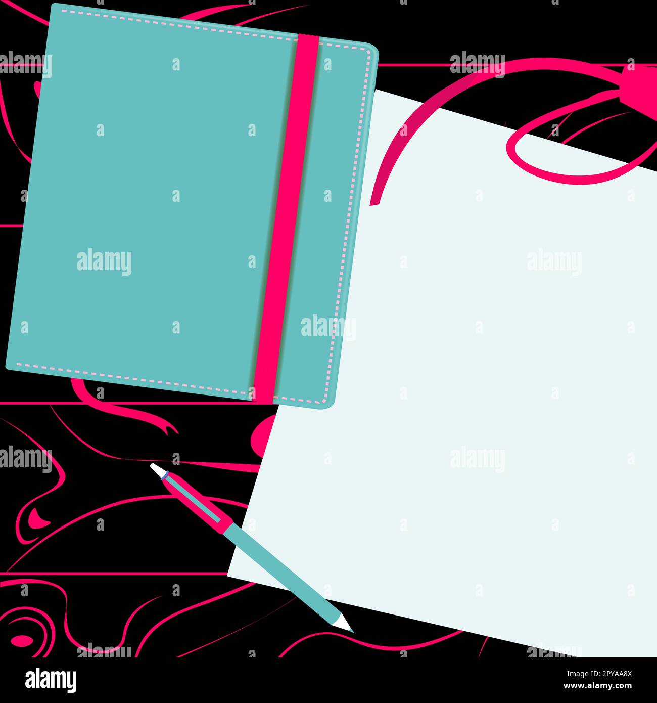 Notebook laying on desk. Blank paper near books. Bright colored vector ...