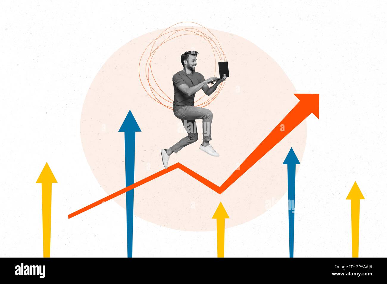 Creative poster collage of running man hold netbook arrows point ...