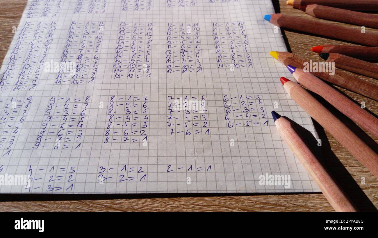 Examples of subtraction of numbers are written in a cell notebook. Math ... Examples of subtraction of numbers are written in a cell notebook. Math ...