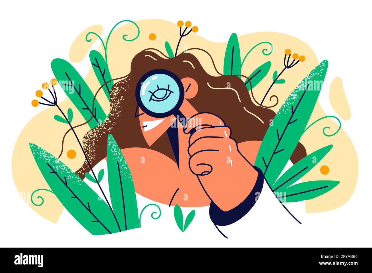 Curious woman with magnifying glass spying and hiding in bush working ...