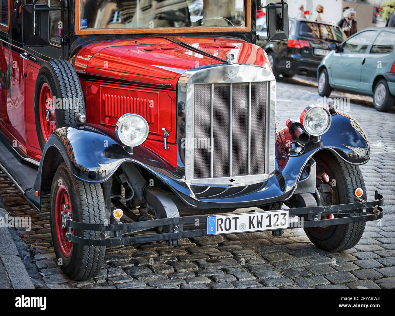 Old Fashioned Red Bus in Rothenburg Stock Photo - Alamy