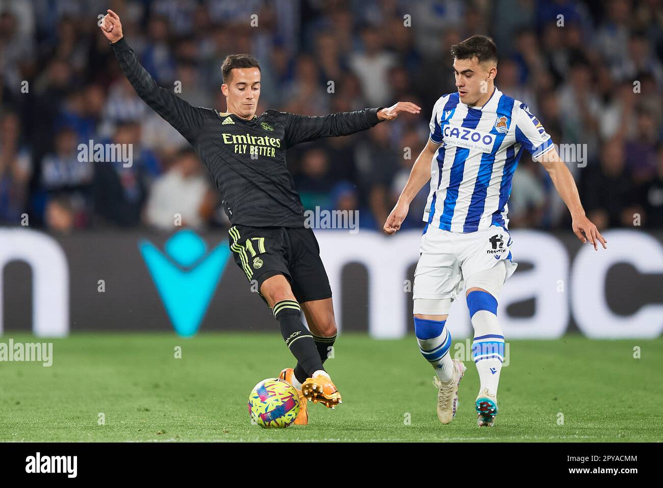 San Sebastian, Spain. 02nd May, 2023. Lucas Vazquez of Real Madrid CF and Ander Barrenetxea of ...