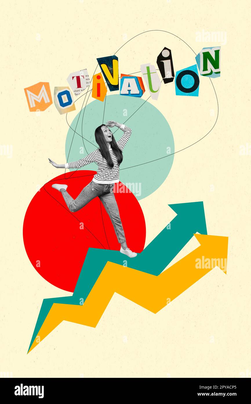 Vertical collage picture of excited astonished black white effect girl ...