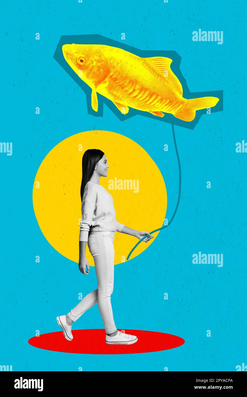 Vertical collage image of black white effect girl hold goldfish balloon ...
