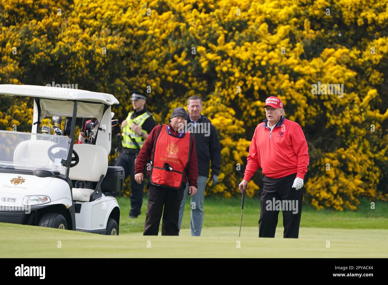 Former US president Donald Trump playing golf at his Trump Turnberry course in South Ayrshire ...