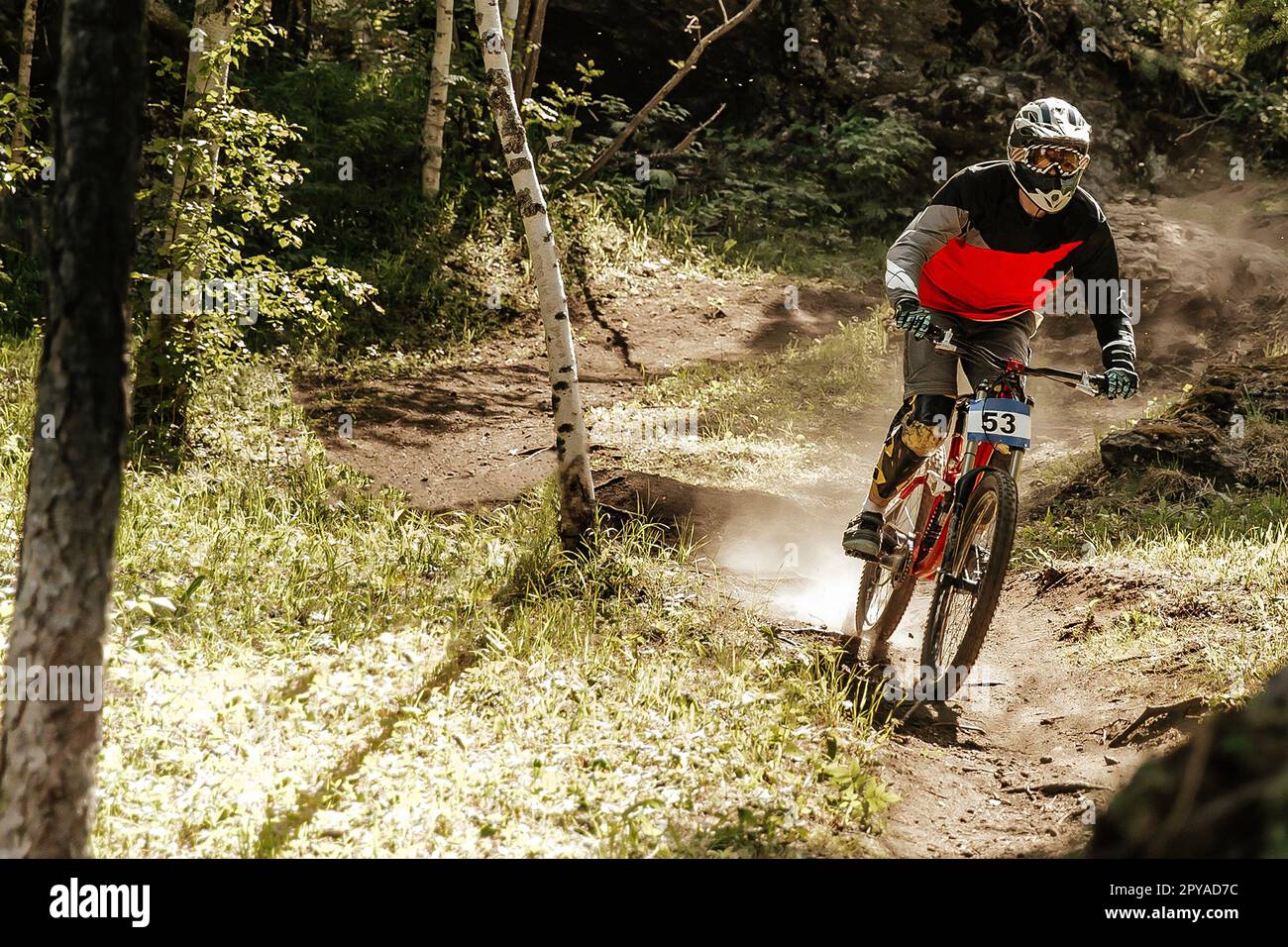 male racer cycling dusty trail downhill race in forest, summer ...