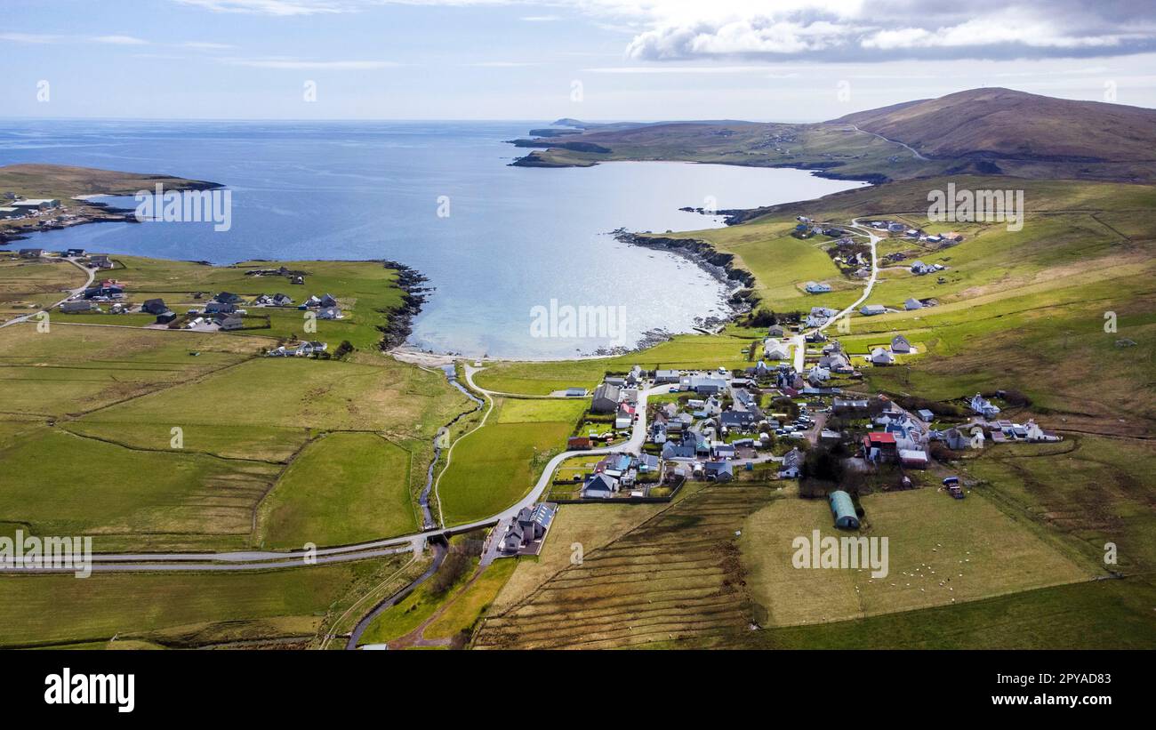 Hoswick Village , Sandwick, Shetland taken by Drone Stock Photo - Alamy