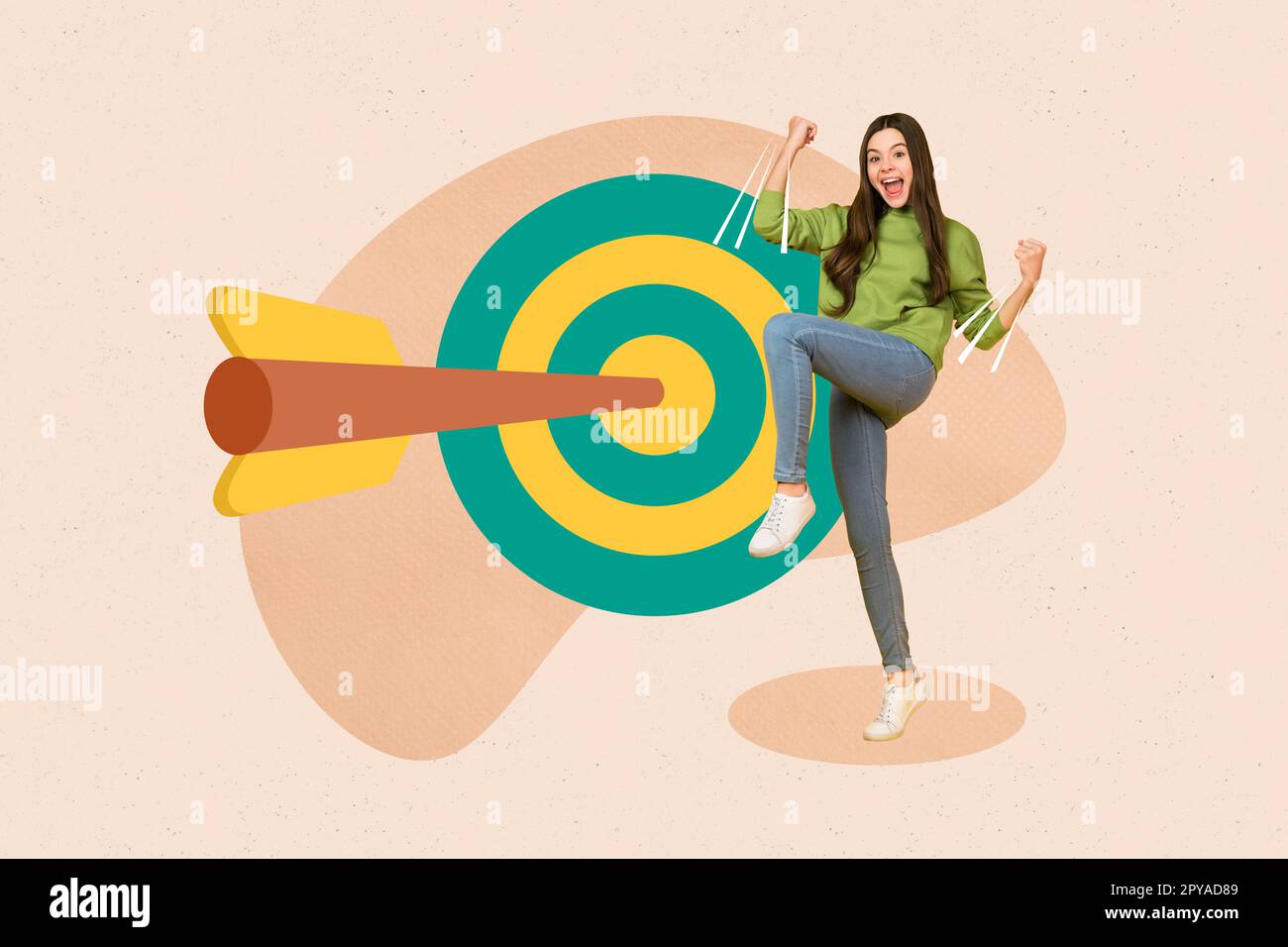Poster banner collage of happy teenager pupil girl achieve darts ...