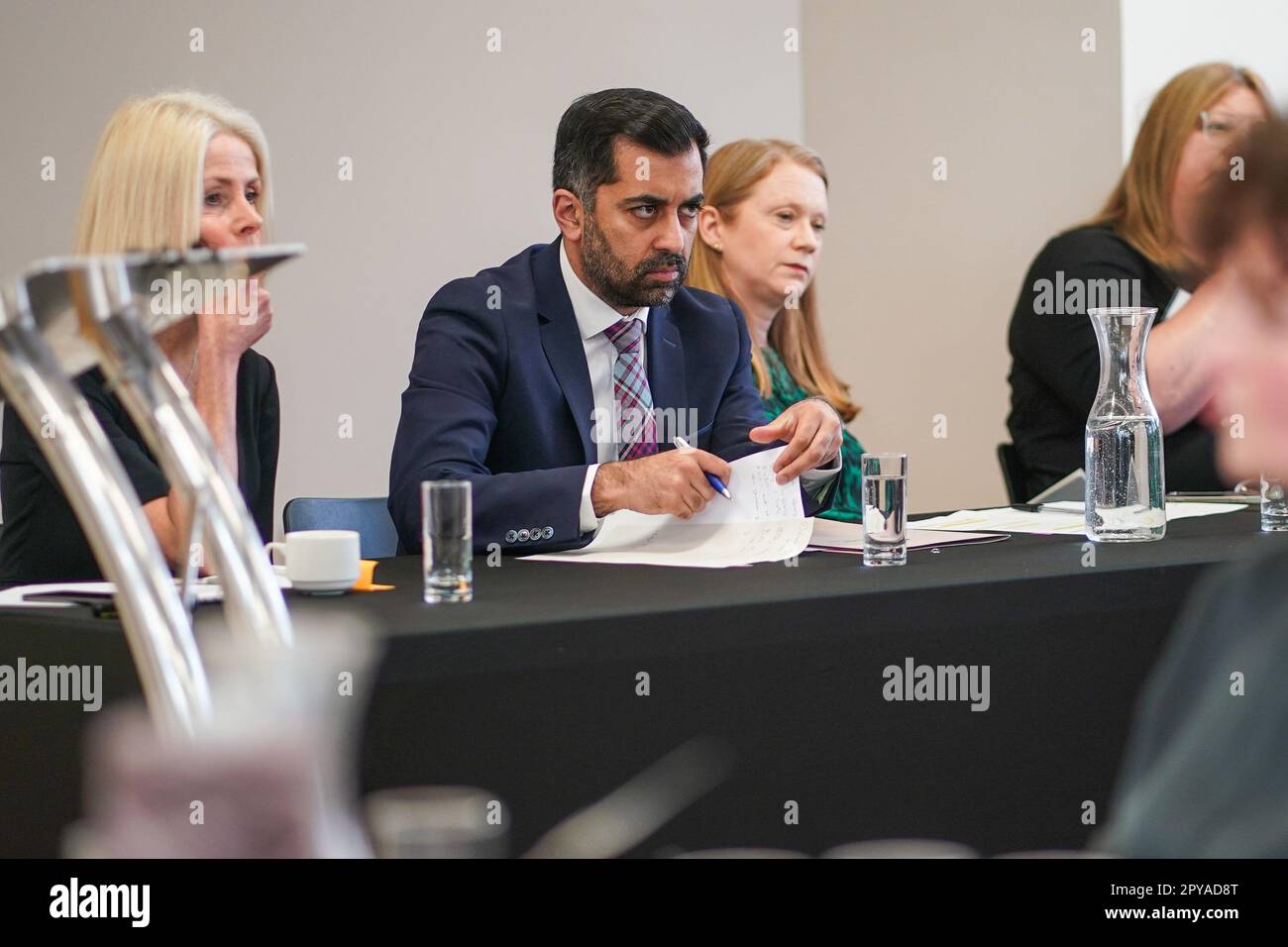 First Minister Humza Yousaf during an anti-poverty summit at Dovecot Studios, Edinburgh, joining ...