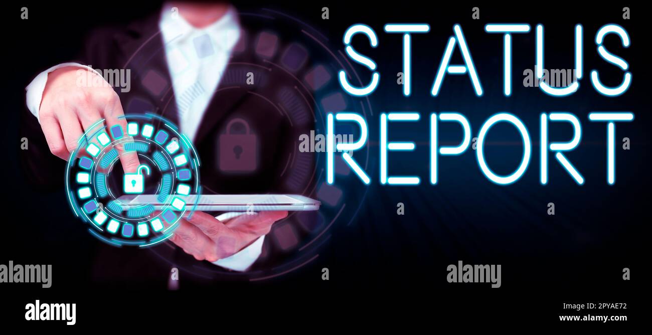 Sign displaying Status Report. Word Written on Update Summary of ...