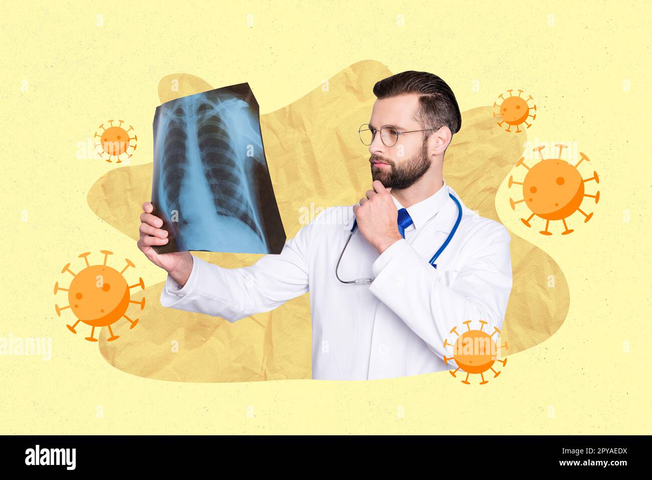 Creative abstract collage template of young doctor expert analysis hold ...