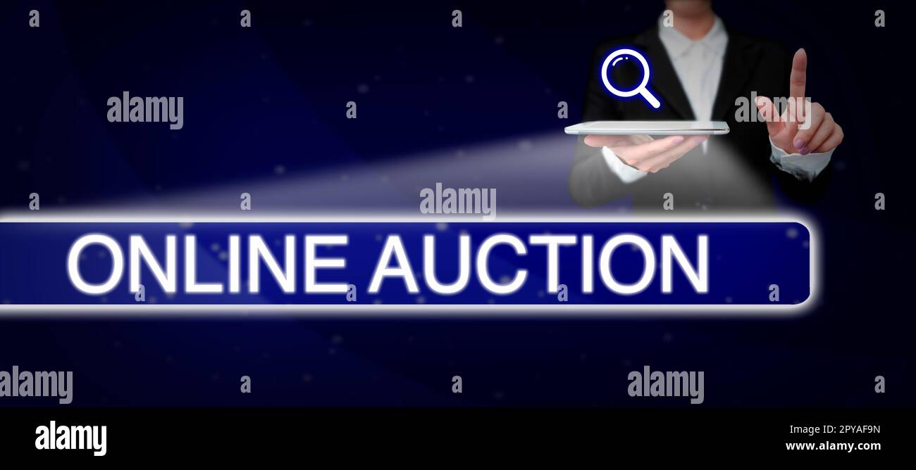 Text caption presenting Online Auction. Word for process of buying and ...
