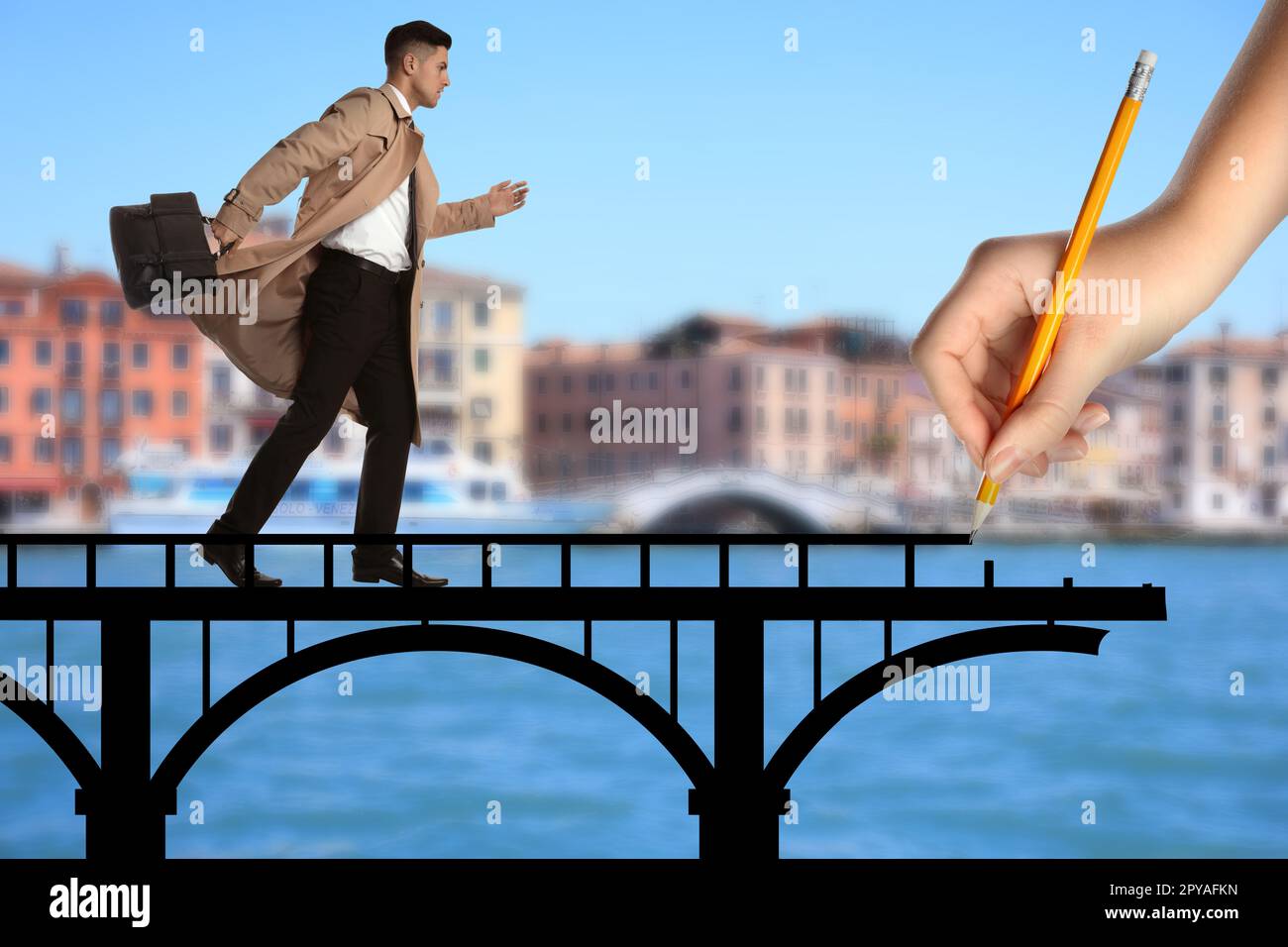 Woman drawing bridge to help businessman walk over. Connection ...
