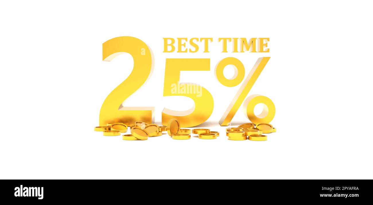 3D Rendering. 25 percent off with gold coin and white background ...