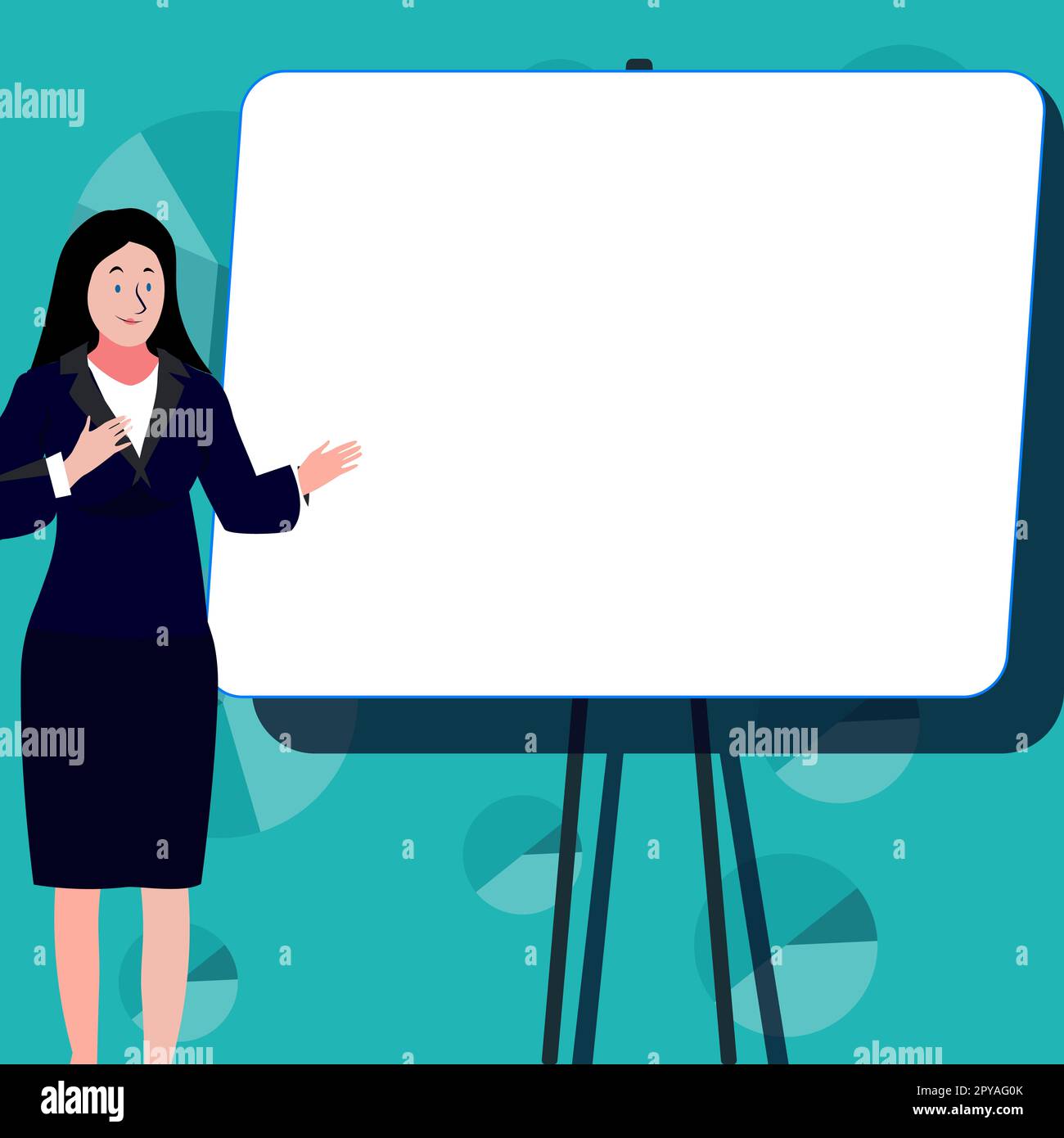 Woman in office presenting main message on the big white shcool board ...