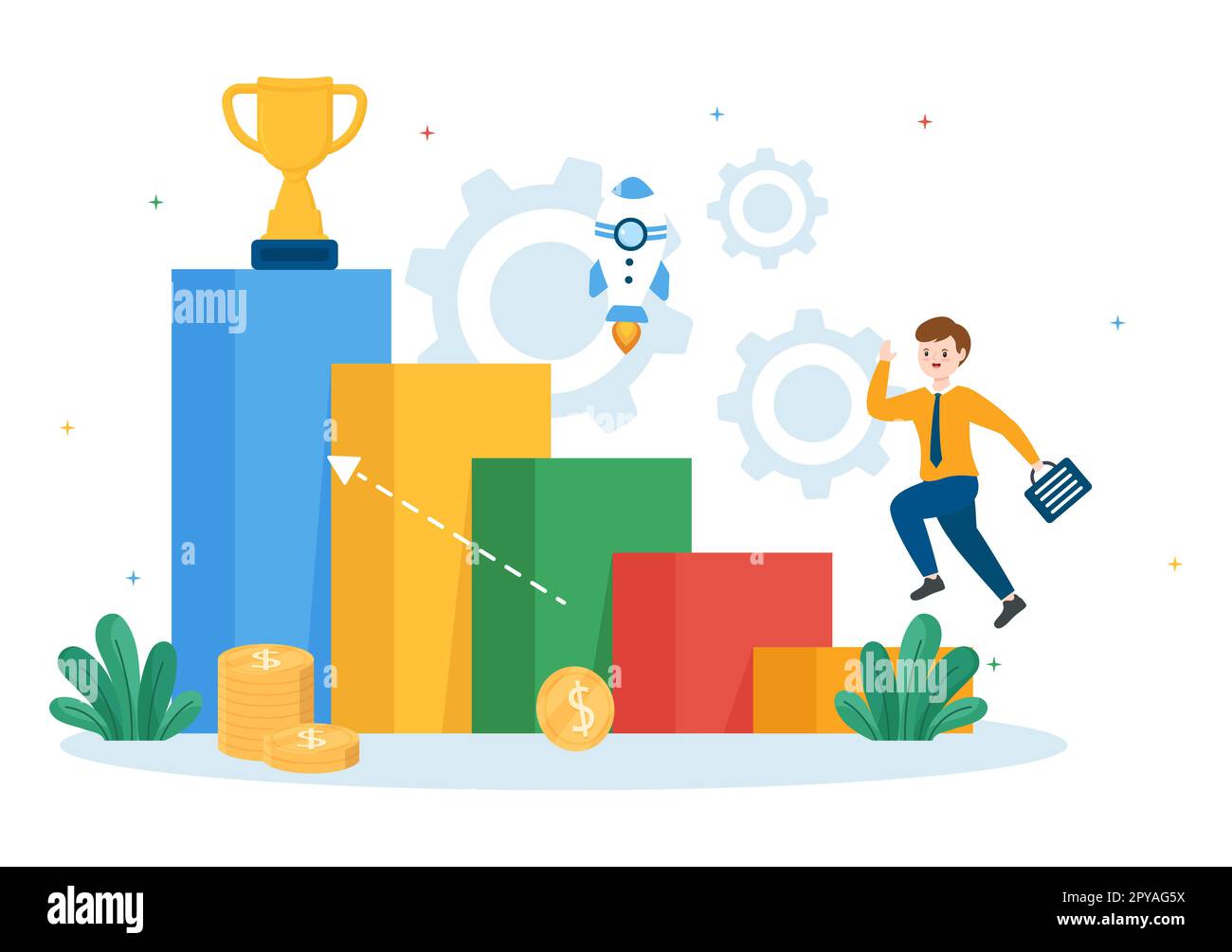 Challenge Illustration with Businessman Running to the Top and Overcoming Obstacle for Landing ...