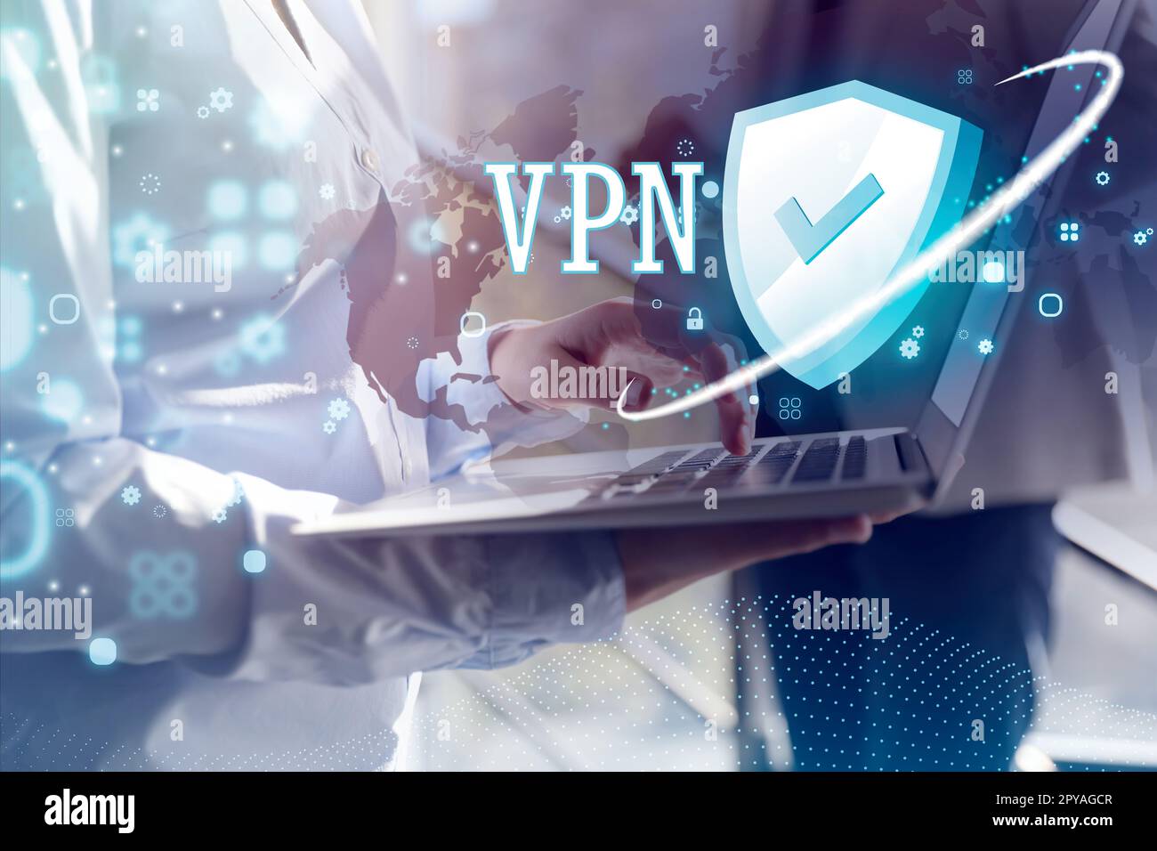 Woman using modern laptop with switched on VPN in office, closeup Stock ...