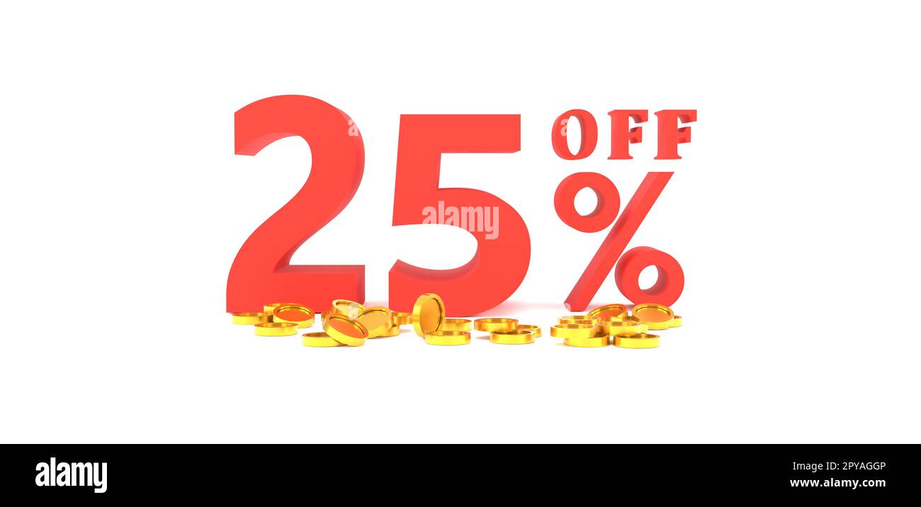 3D Rendering. 25 percent off with gold coin and white background ...