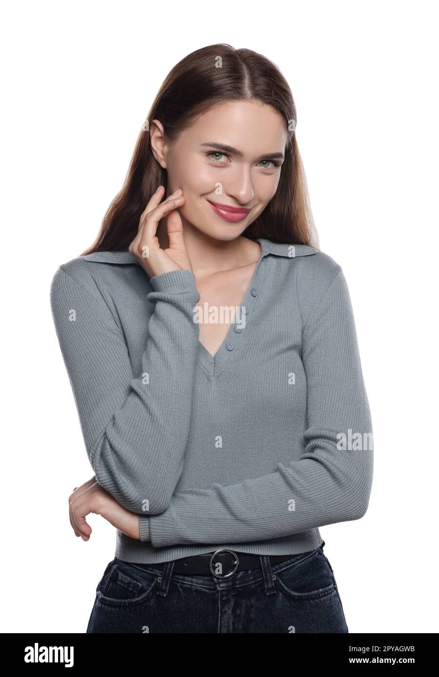 Embarrassed young woman in shirt on white background Stock Photo - Alamy