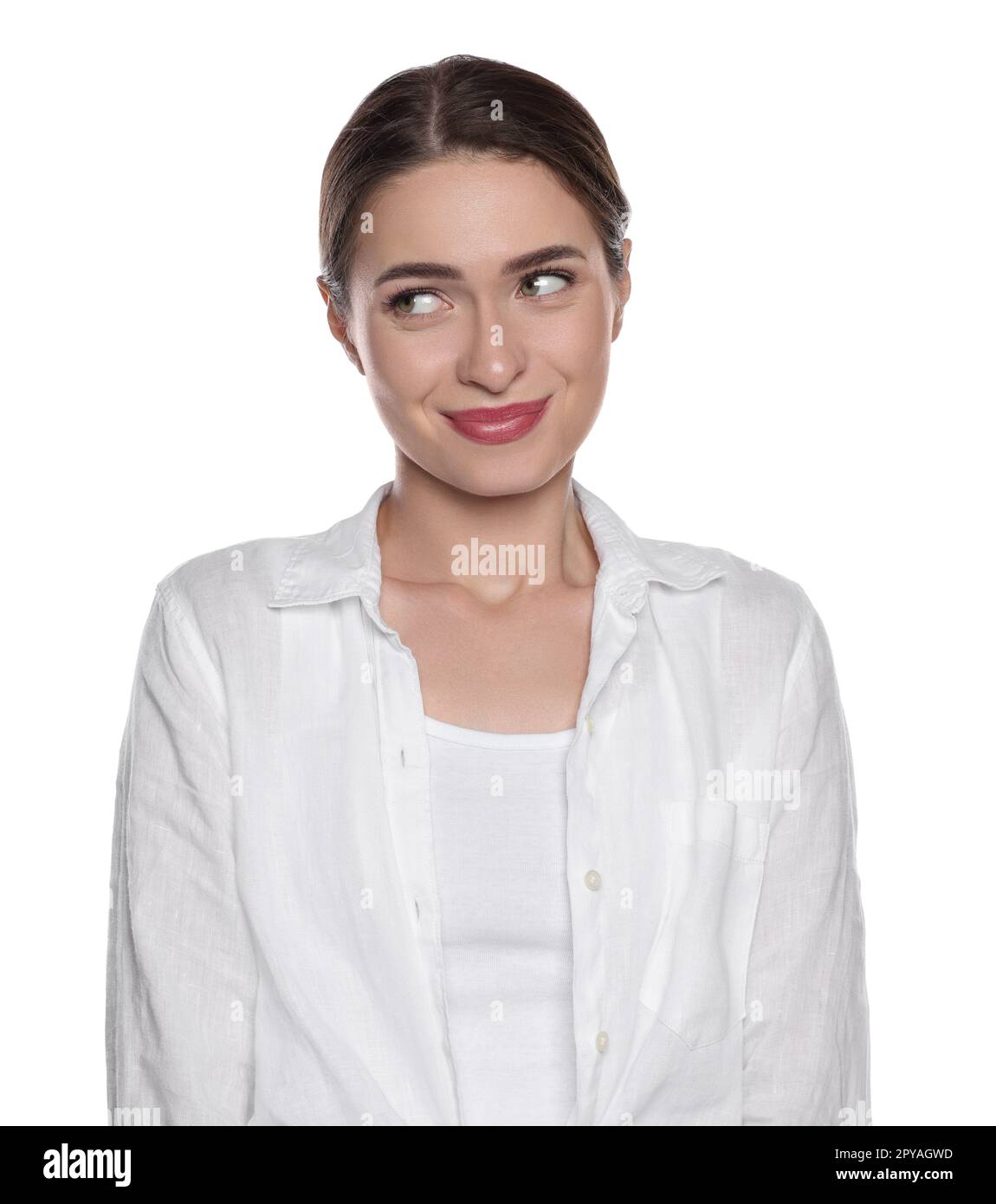 Embarrassed young woman in shirt on white background Stock Photo - Alamy