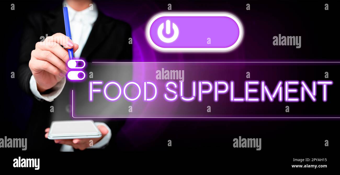Hand writing sign Food Supplement. Business overview Conditions and ...