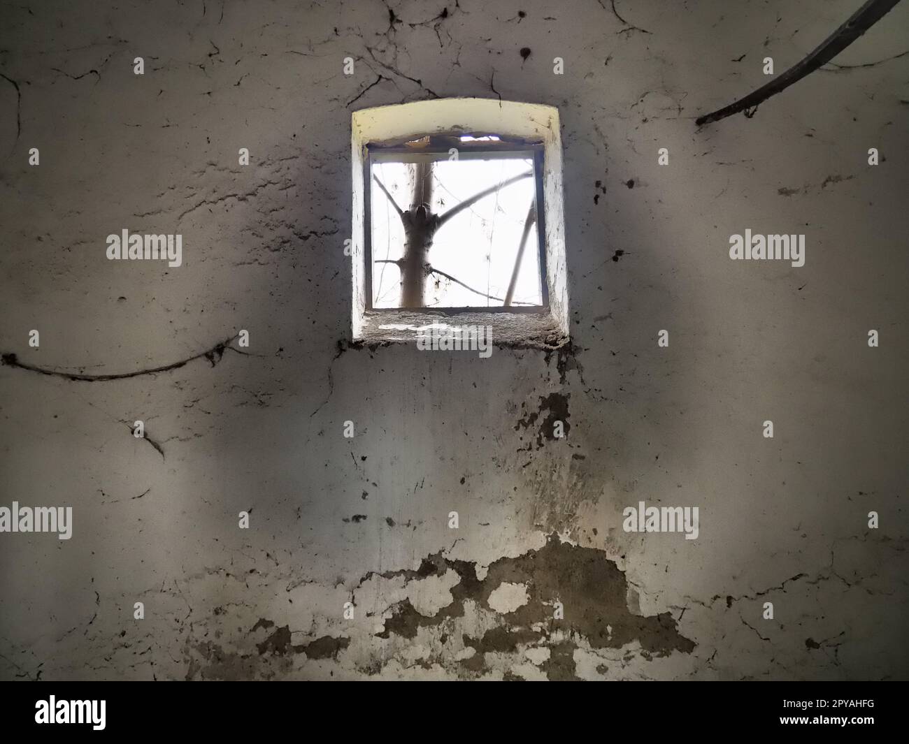 A small window at the top of the wall. Scary walls with cobwebs. Old ...