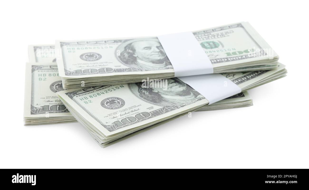 Bundles of dollar banknotes isolated on white. American national ...